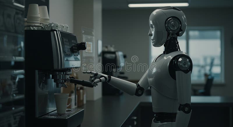 Robot Making Coffee Using Futuristic Machine with Touchscreen Display ...