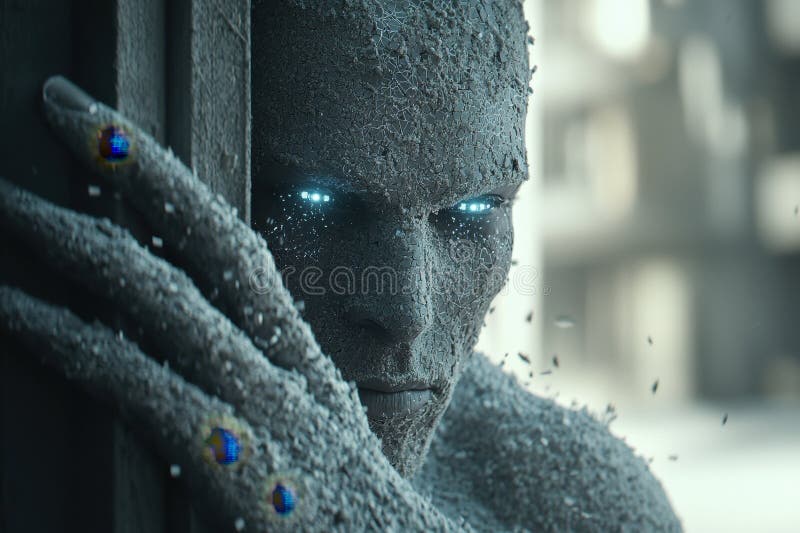 Sleek Humanoid Robot Partially Covered in Digital Elements with Glowing ...