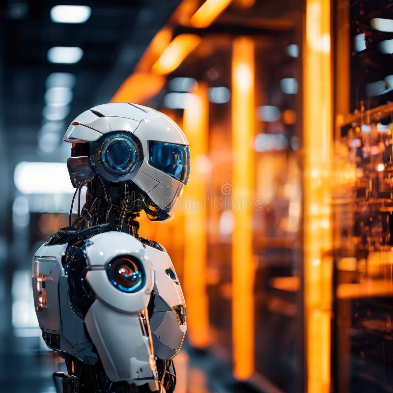 Futuristic Robot in Modern Data Center with Orange Lights Stock Image ...