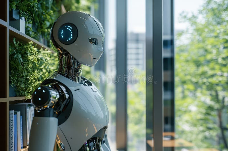 A Sleek Humanoid Robot Stands by a Window, Surrounded by Greenery and ...