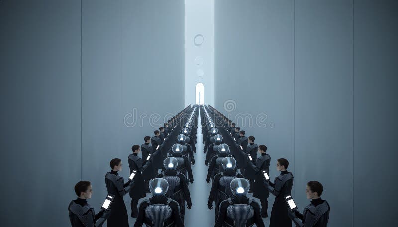 Sleek Individuals Enter a Bright Corridor at a Future Event Stock ...