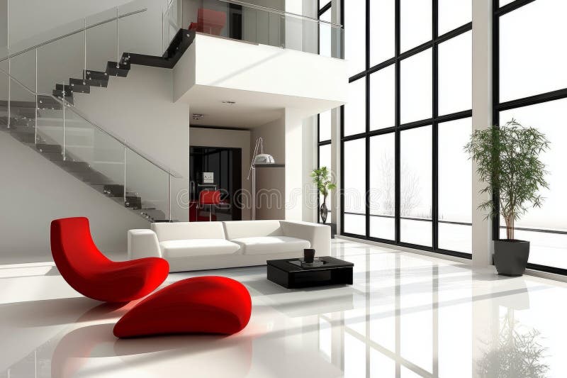 Sleek Interior Design Featuring Red Chairs and Large Windows Stock ...