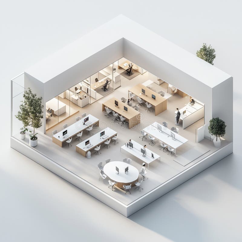 A Sleek Isometric Render of a Modern Office Interior, Featuring a ...