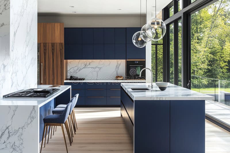 Modern Kitchen Design with Blue Cabinetry and Marble Accents in a ...