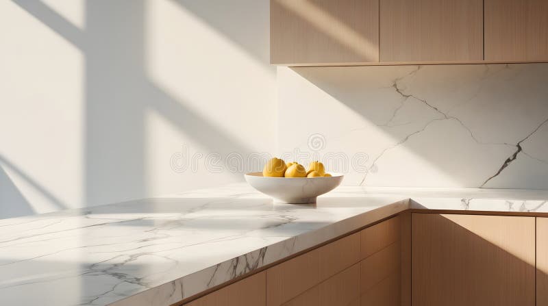 Minimalist Kitchen Scene with Veined Marble Surface and Ceramic Bowl ...
