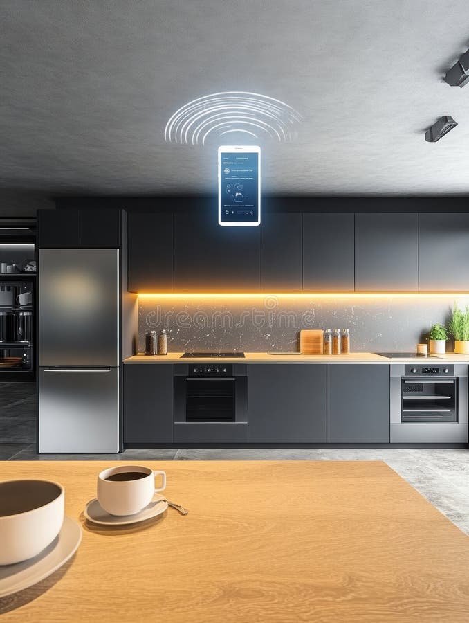 A Sleek Kitchen Showcases Smart Appliances and a Touchscreen Display ...
