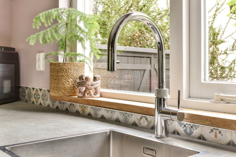 Modern Kitchen Sink with Stylish Faucet Stock Image - Image of faucet ...