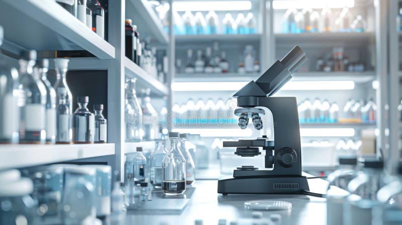 A Sleek Laboratory Features a Black Microscope Surrounded by Glassware ...