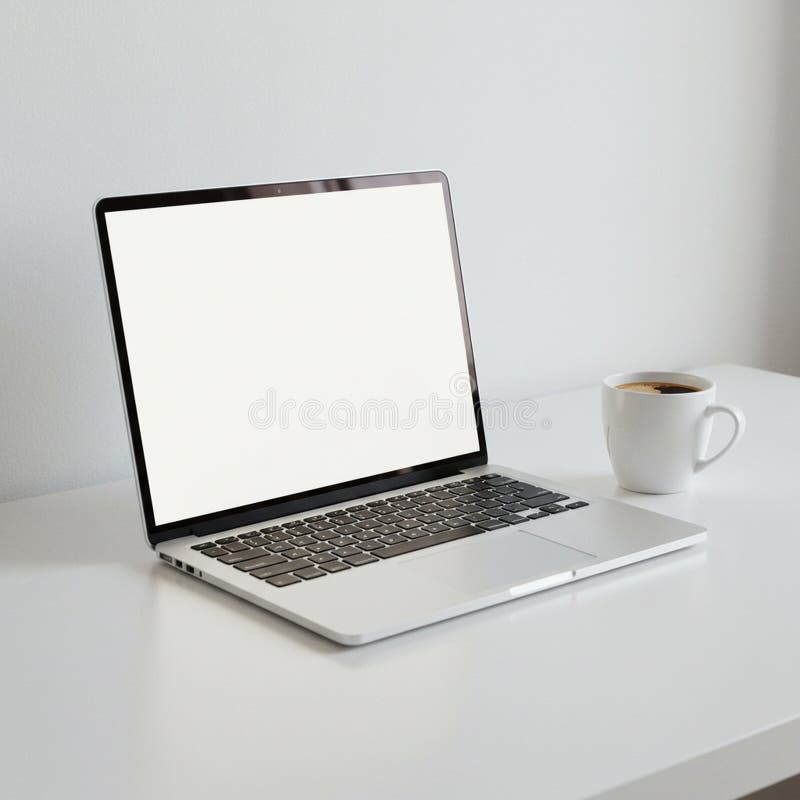 A Sleek Laptop with a Blank Screen Sits on a White Surface. Next To it ...