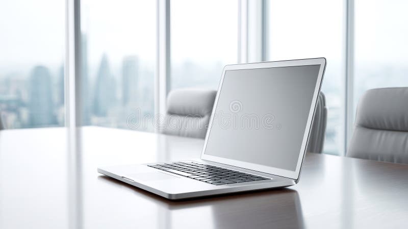Sleek Laptop beside Open Notebook Resting on Polished Wood Conference ...