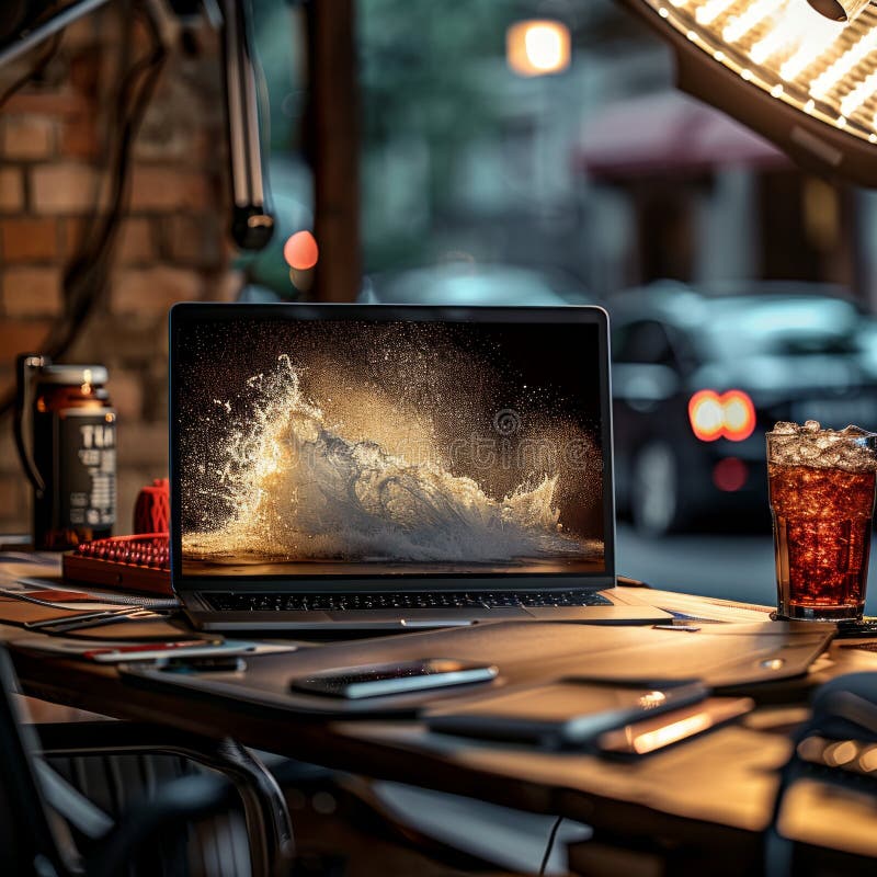 A Sleek Laptop Computer Rests on a Rustic Wooden Table, Blending Modern ...