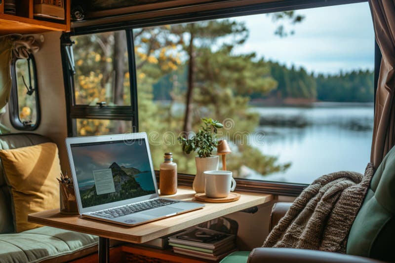 A Sleek Laptop Computer Sits Atop a Rustic Wooden Desk, Casting a Soft ...