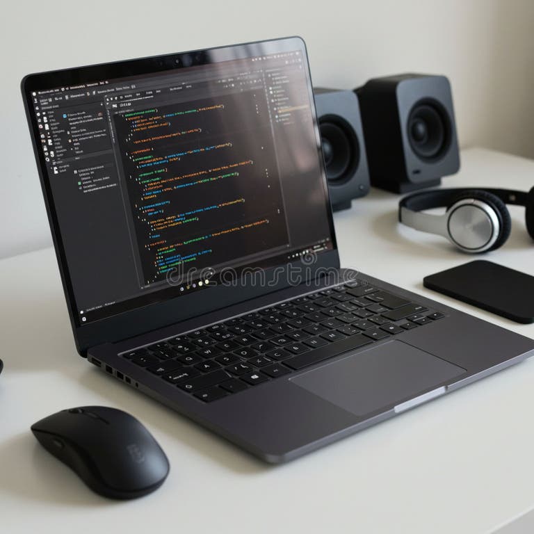 Sleek Laptop on a Desk Displays Coding Interface, with Lines of ...