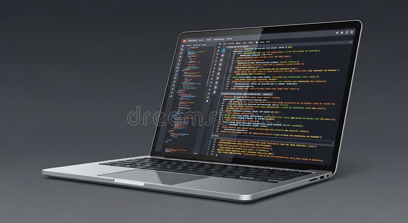 A Sleek Laptop Displays a Code Editor on Its Screen, Featuring Structured Lines of Stock ...