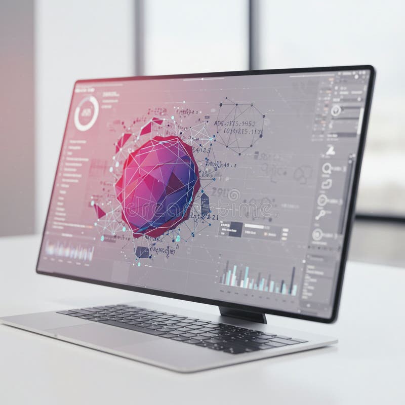 A Sleek Laptop Displays a Digital Interface with a Large, Geometric, 3D ...