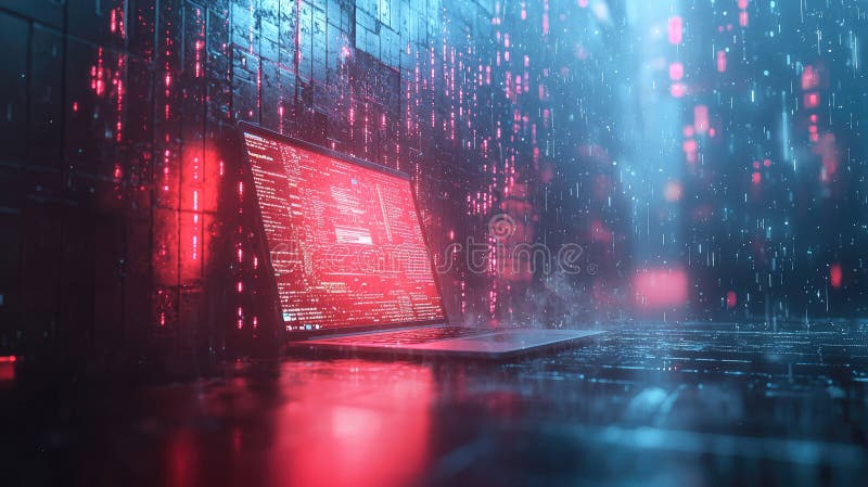 Futuristic Cyberpunk Laptop with Red Code Display Amidst Data Stream ...