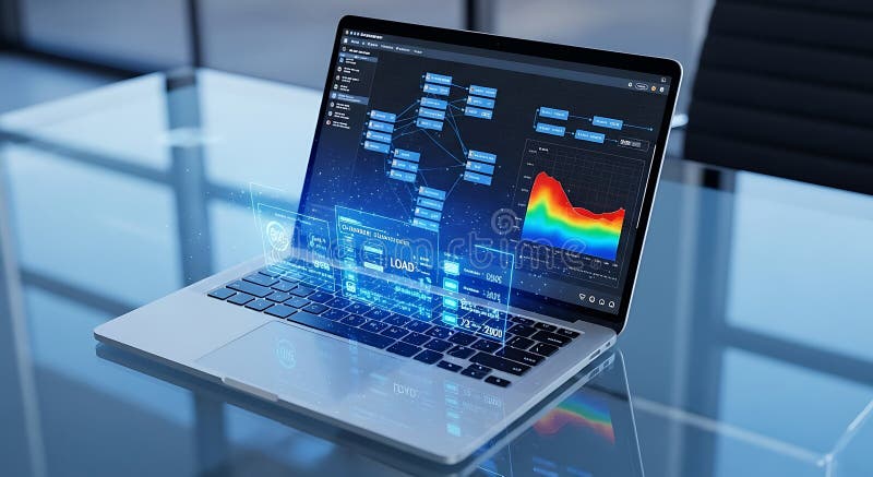 A Sleek Laptop on a Glass Table Displays a Complex Data Visualization Interface. Th Stock ...