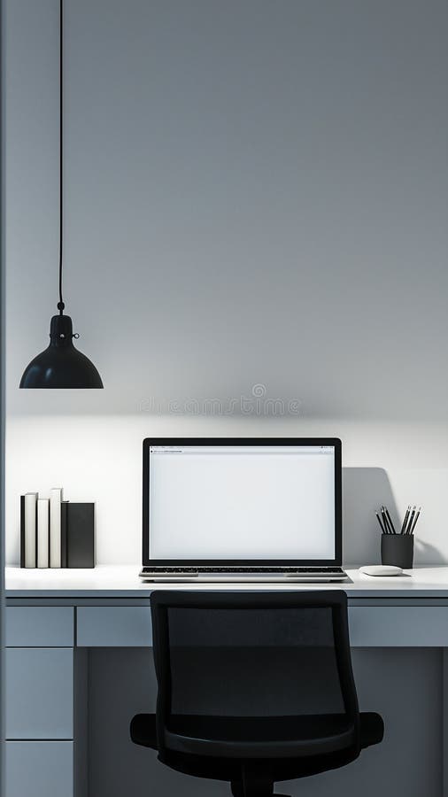 Sleek Laptop on Modern Desk Illuminated by Pendant Light in Minimalist ...