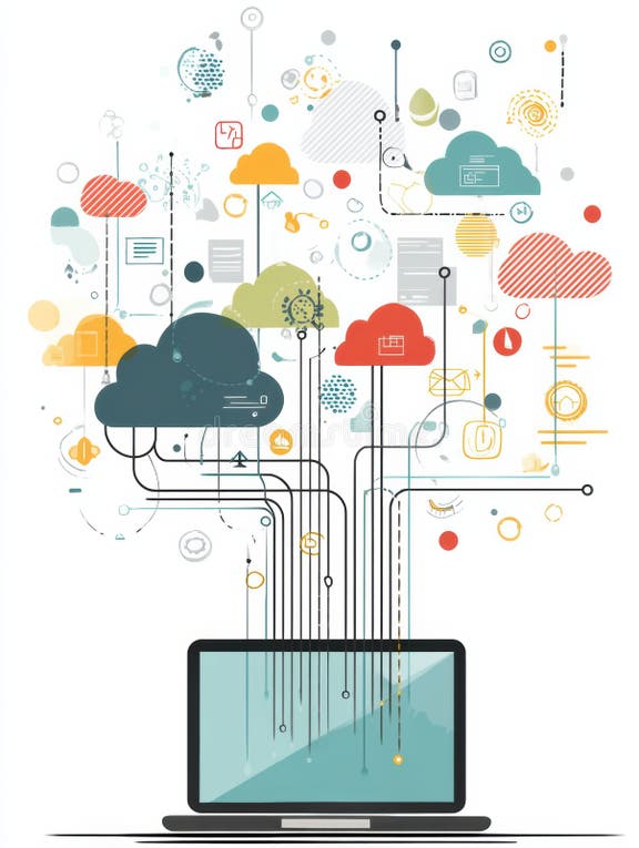 Stylized Laptop with Digital Clouds and Icons Representing Modern ...