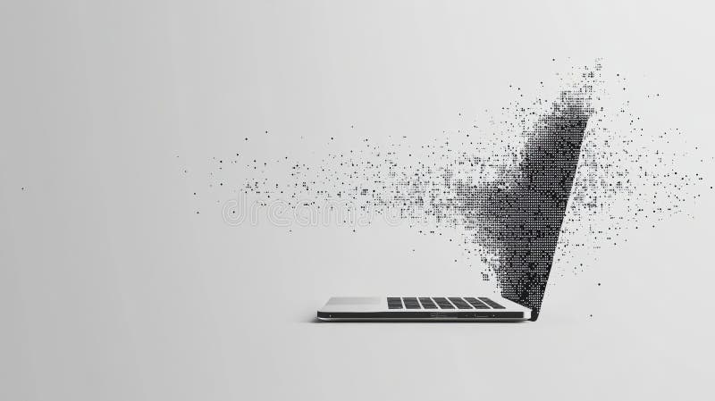 A Sleek Laptop with Pixel Elements Emerges from a Gray Background ...