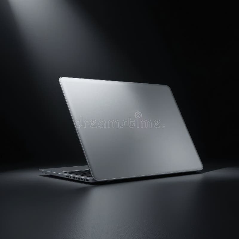 Sleek Laptop is Positioned Dark Environment, Illuminated by Soft Light ...