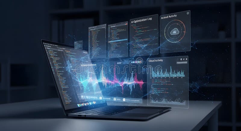 Modern Laptop Displaying AI Data Visualizations, Showing Cloud Activity ...