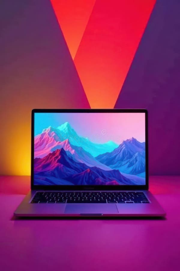 Sleek Laptop Rests on Vibrant, Angular Backdrop , Style, Digital ...