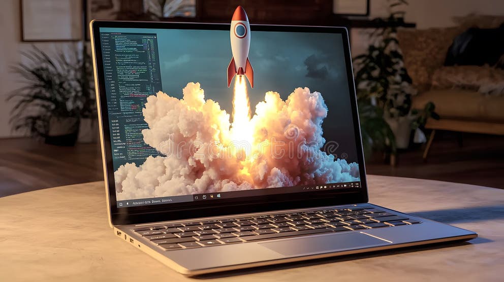 Sleek Laptop with Rocket Launch Graphic Display Stock Image - Image of ...