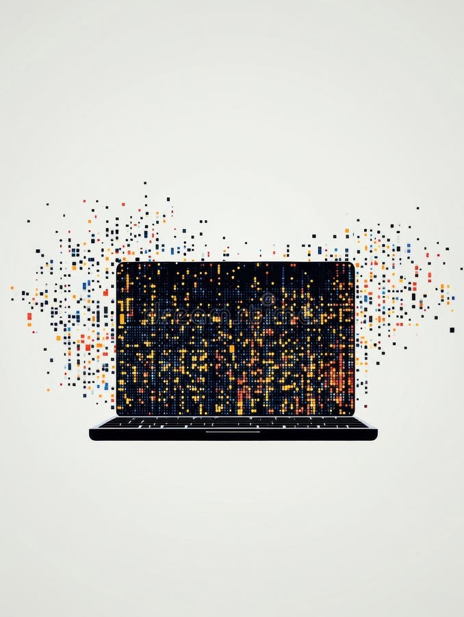 A Sleek Laptop Screen Showcases Dynamic Pixel Elements Bursting Out ...