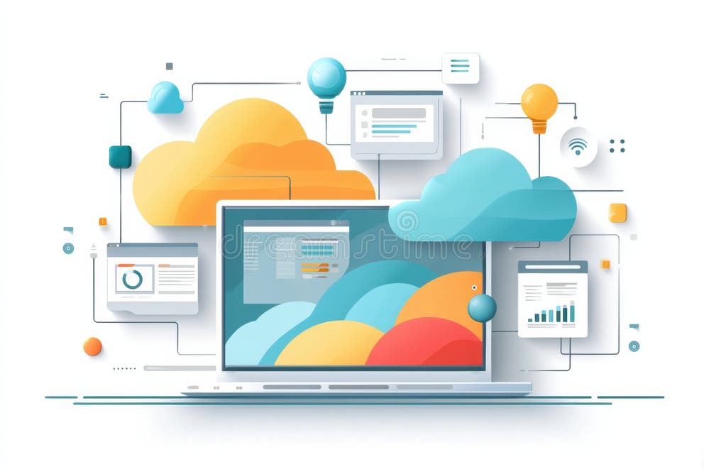 Stylized Laptop with Digital Clouds and Icons Illustrating Cloud ...