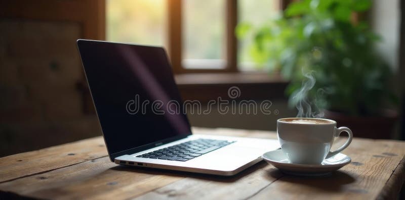 Sleek Laptop, Steaming Coffee, Rustic Wood Table , Study, Wood ...