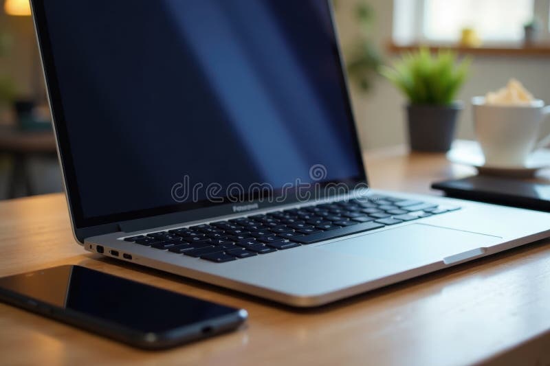 Sleek Laptop, Tablet Phone on Desk; Close Up View, Close Up, Setup ...