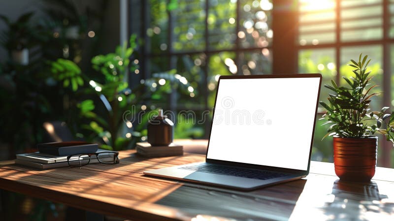 Sleek Laptop on a Wooden Table in a Modern Workspace, Displaying a ... Sleek Laptop on a Wooden Table in a Modern Workspace, Displaying a ...