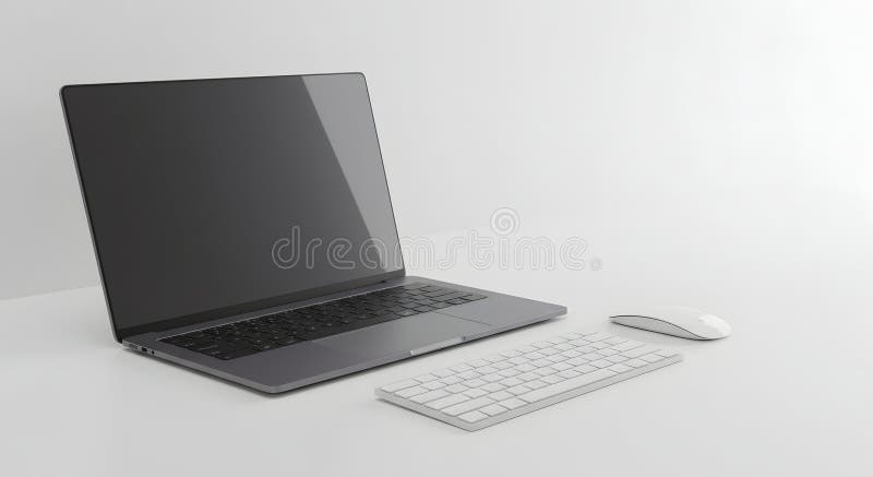 Sleek Laptop Workspace: Minimalist Gray Laptop, Wireless Keyboard, and ...
