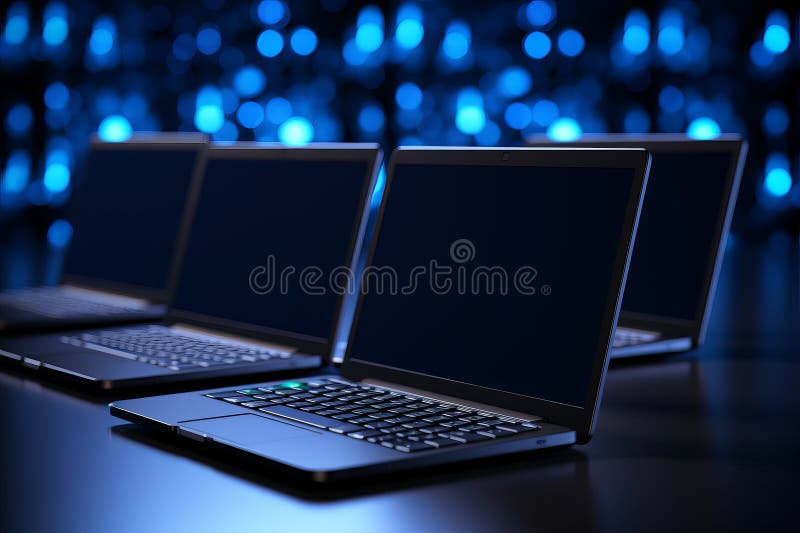Sleek Laptops Arranged on a Table, Glowing Blue Background Creates a ...