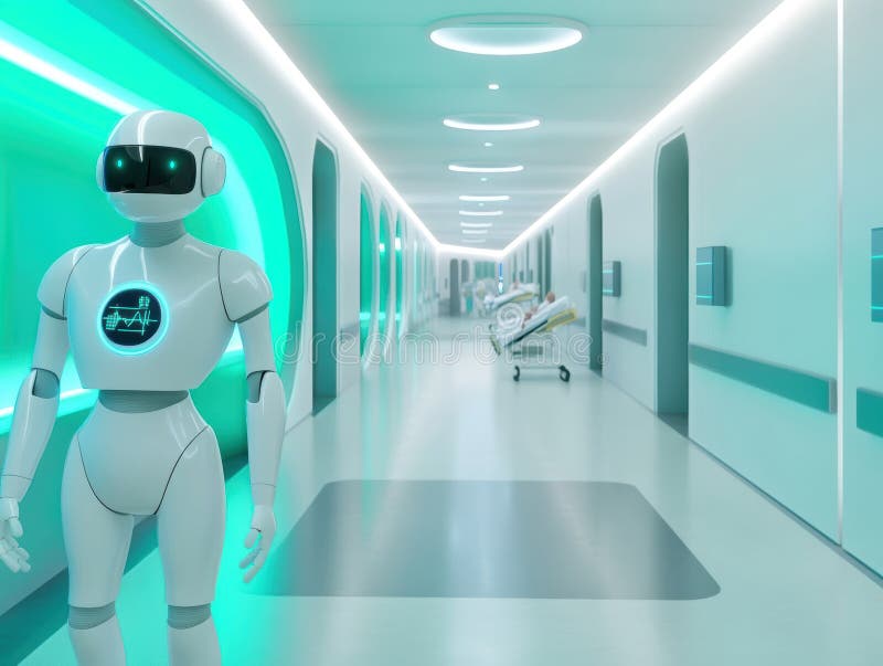 A Sleek, Light Gray Humanoid Robot Stands in a Clinical Hospital ...