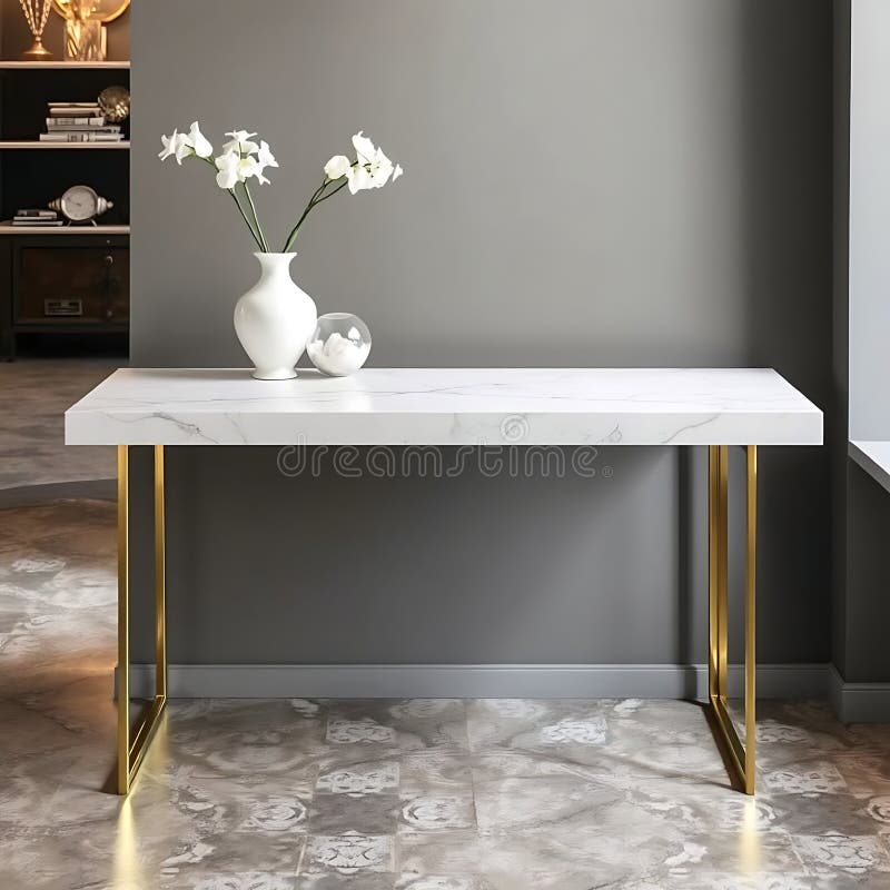 A Sleek Marble Top Console Table with Slender Brass Legs Stock ...