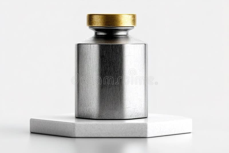 Sleek Metallic Container with Gold Cap Displayed on a Hexagonal Marble ...