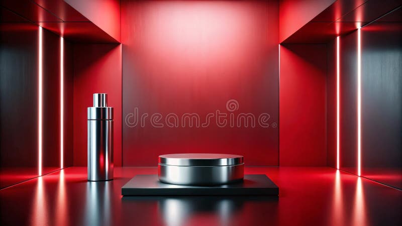 Sleek Metallic Containers on a Minimalist Red Display. Generative AI ...