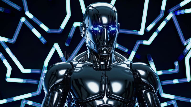 Metallic Humanoid Robot Framed by Glowing Hexagons Symbolizes ...