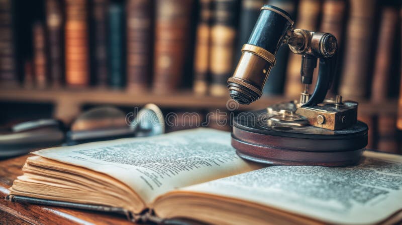 A Sleek Microscope Rests Atop an Open Book, Casting Intriguing Shadows ...