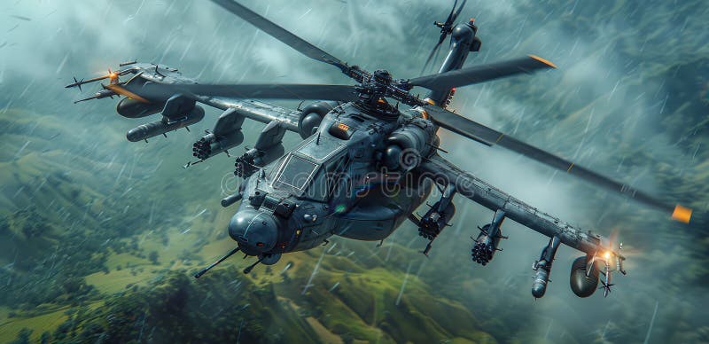 Advanced Military Helicopter in Flight Over Mountainous Terrain with ...