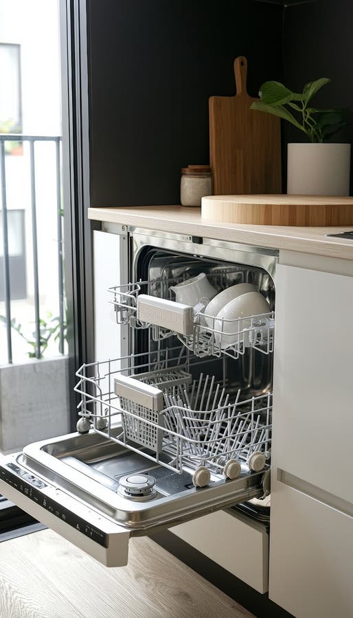 Modern Mini Kitchen with Open Dishwasher and Stylish Wooden Cabinets ...