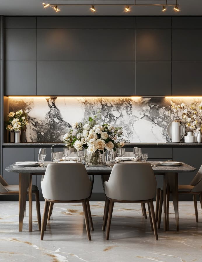 A Sleek, Minimalist Dining Room with a Dining Table, Chairs, and a ...
