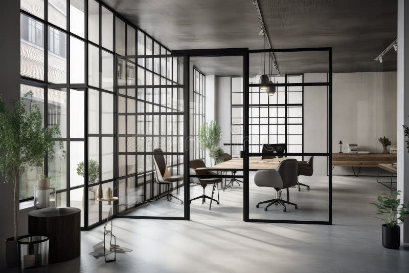 A Sleek and Minimalist Industrial Office with a Wall of Windows Stock ...