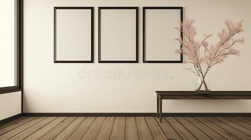 Sleek Minimalist Interior with Three Empty Black Frames Stock Photo ...