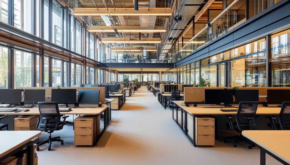 Sleek and Minimalist Open Plan Office Design Featuring Ergonomic Workstations in Rows Stock ...
