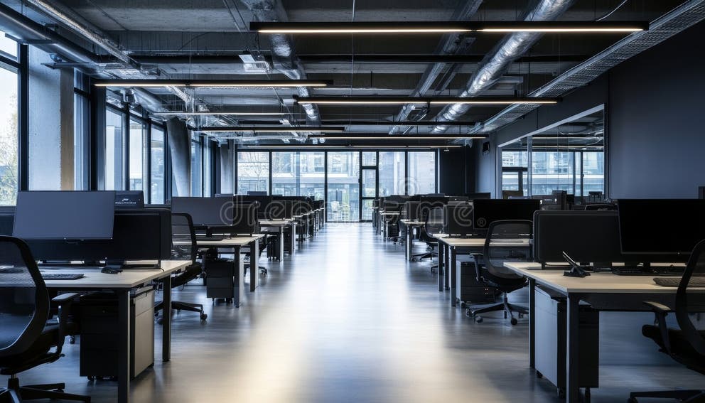 Sleek and Minimalist Open Plan Office Featuring Ergonomic Workstations ...