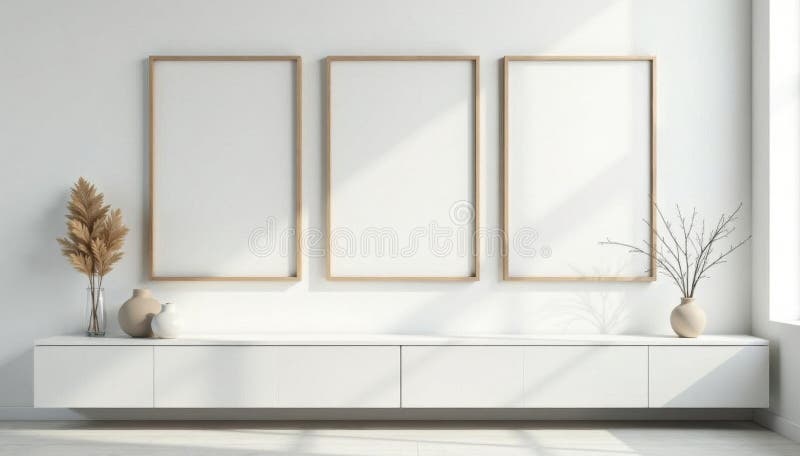 Sleek Minimalist Rack; Empty Frames on White Wall, Modern Home ...