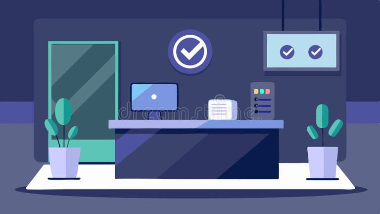 A Sleek Minimalist Reception Area with a Digital Checkin System and a ...